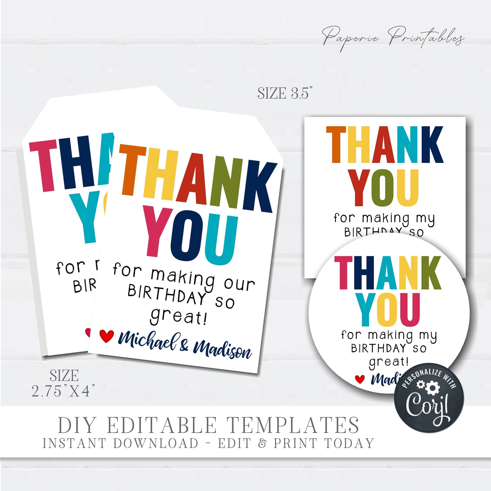 Editable Birthday Thank You Tag: Minimalist Primary Colors (digital ...