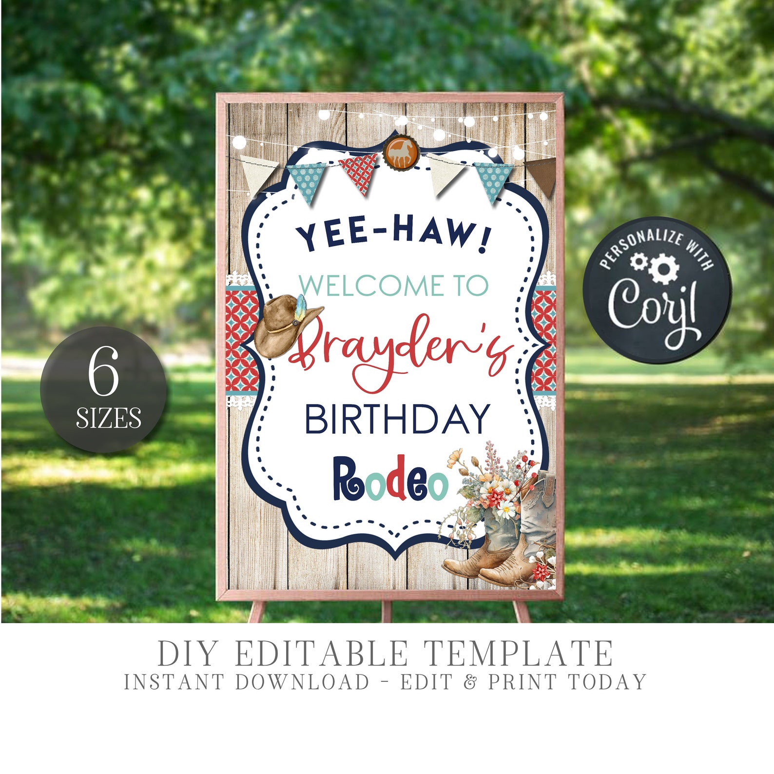 Editable Cowboy Birthday Welcome Sign: Western Rodeo Party (DIY Corjl ...