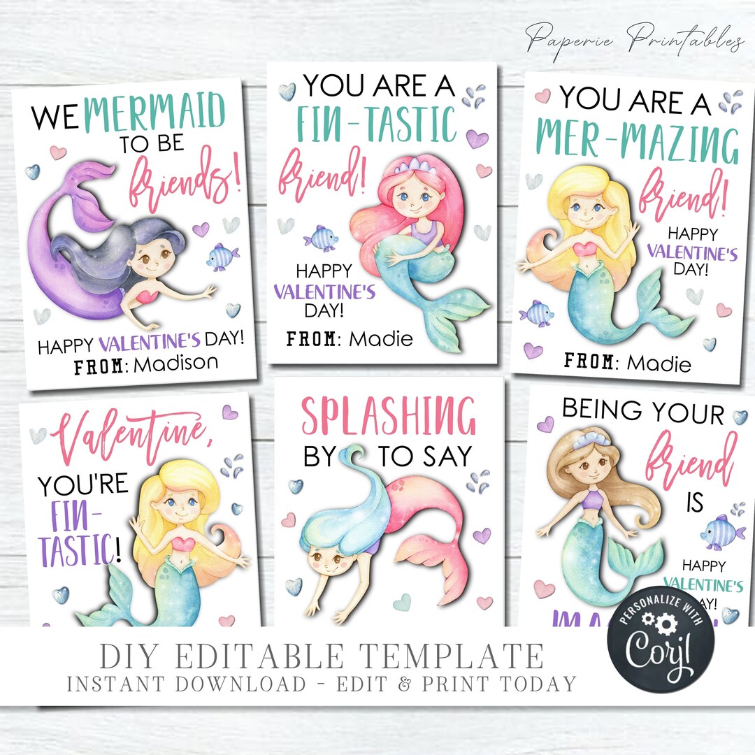 EDITABLE Mermaid Valentine Cards, Valentine Cards Mermaids, School ...