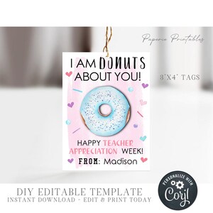 EDITABLE Donut Teacher Appreciation Gift Tag, Teacher Appreciation Card ...