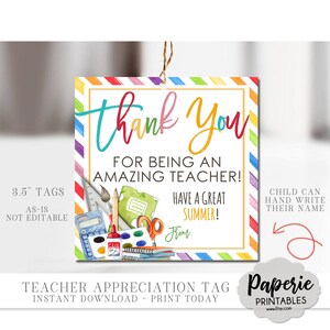 EDITABLE End of School Teacher Appreciation Tag, Teacher Appreciation ...