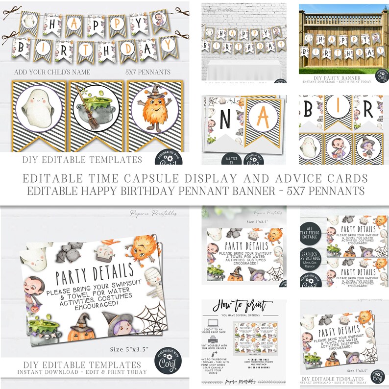 Editable Halloween Birthday Party Bundle: Invitation, Banner (DIY Corjl ...