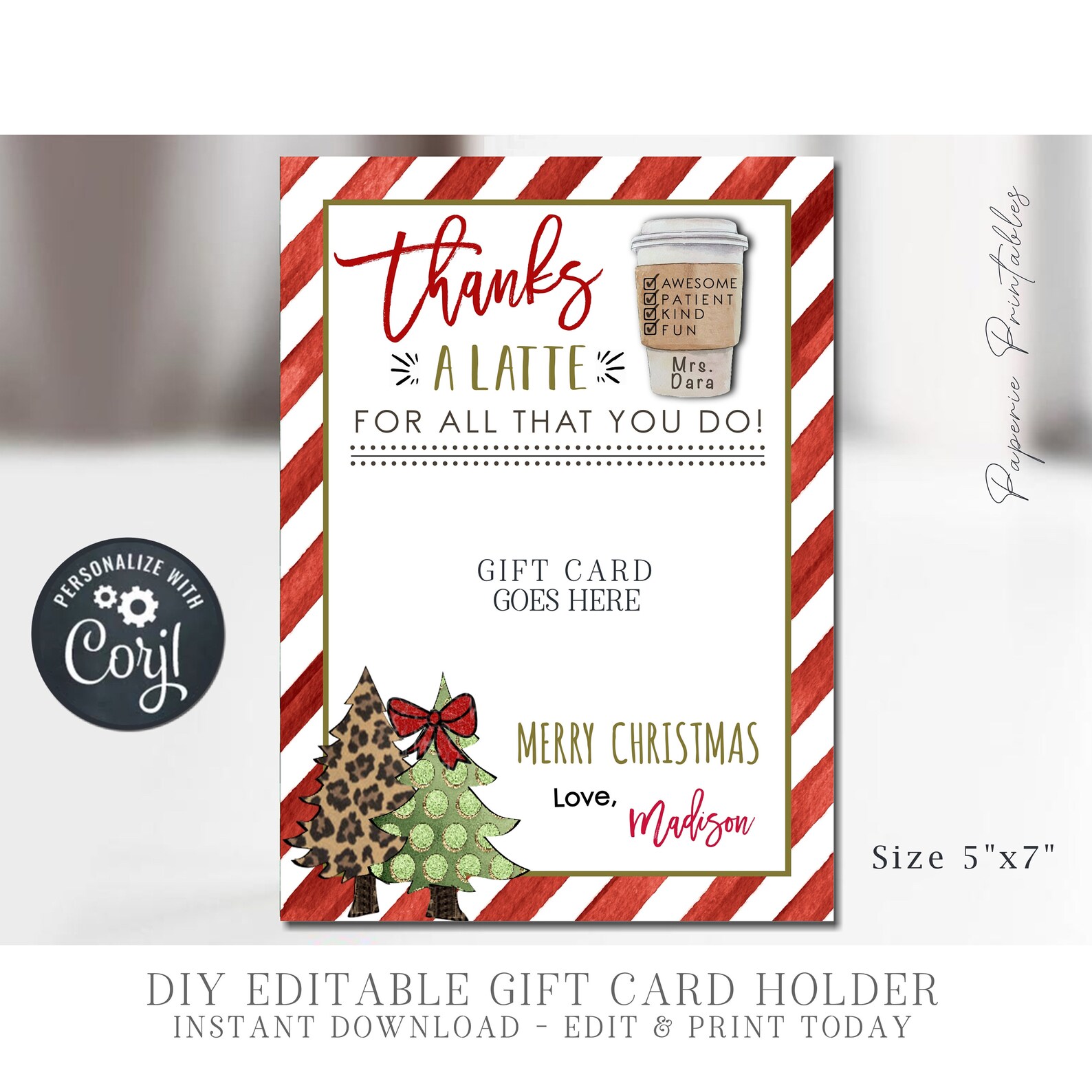 EDITABLE Christmas Gift Card Holder Christmas Thanks a LATTE - Etsy