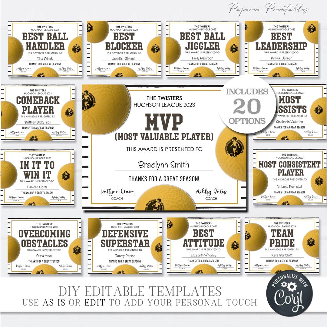 Editable Kickball Award Certificates, Award Ceremony Certificates, End ...