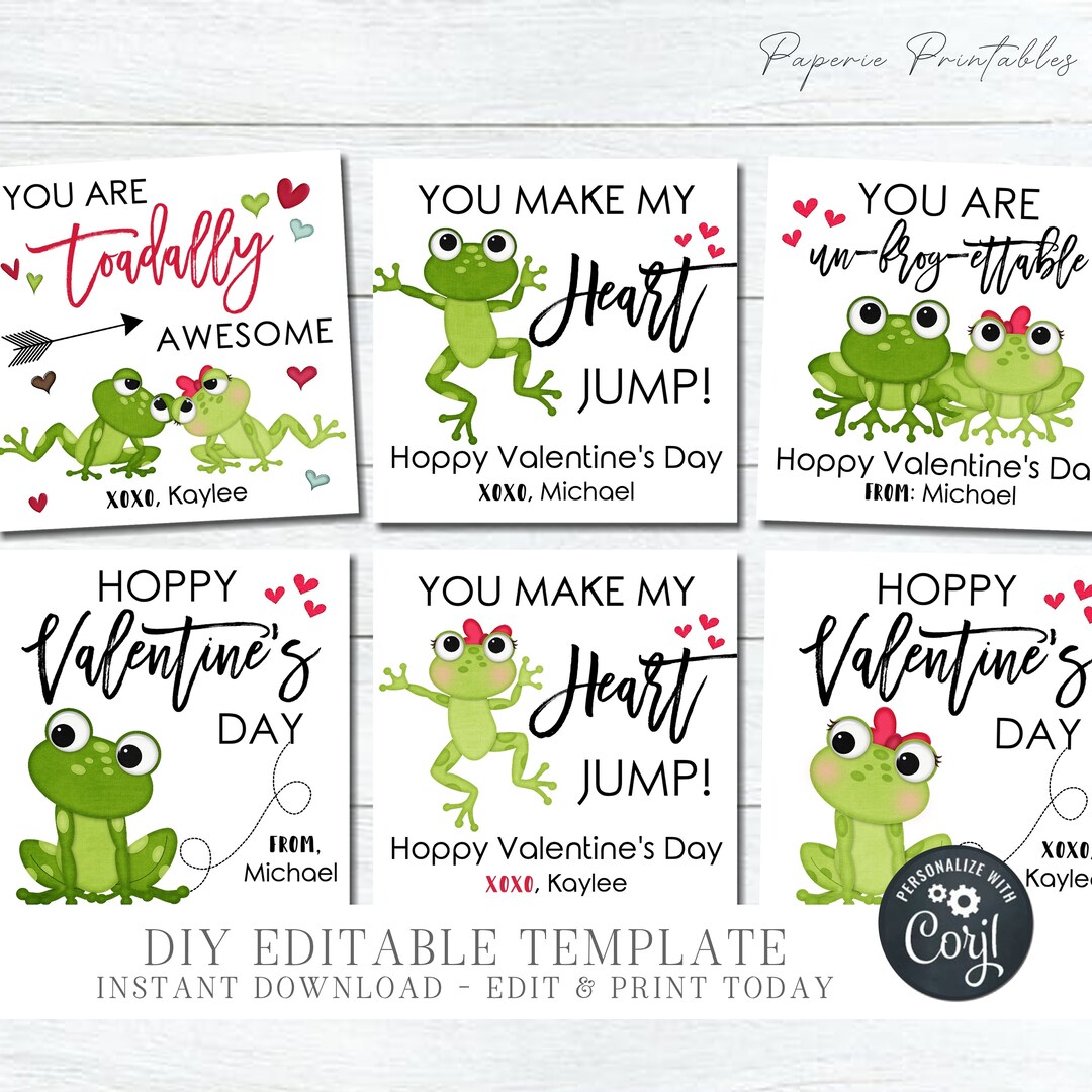 Editable Frog Valentine's Day Cards: Hoppy Kids Tags (digital Download ...