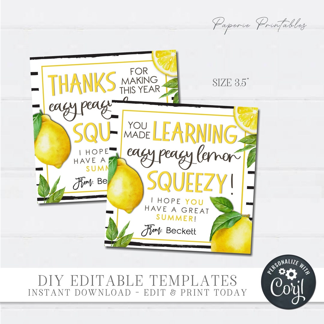 Lemon Teacher Appreciation Gift Tag: Editable Thank You (digital ...