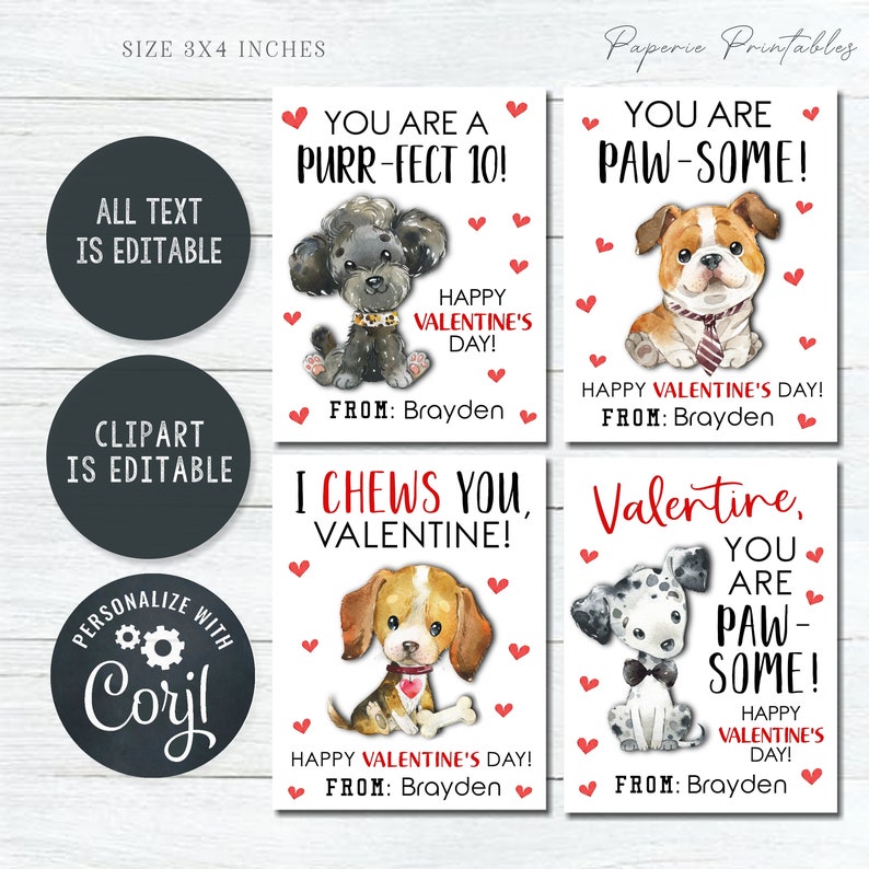 EDITABLE Puppy Valentine Cards Dog Valentine Cards School - Etsy