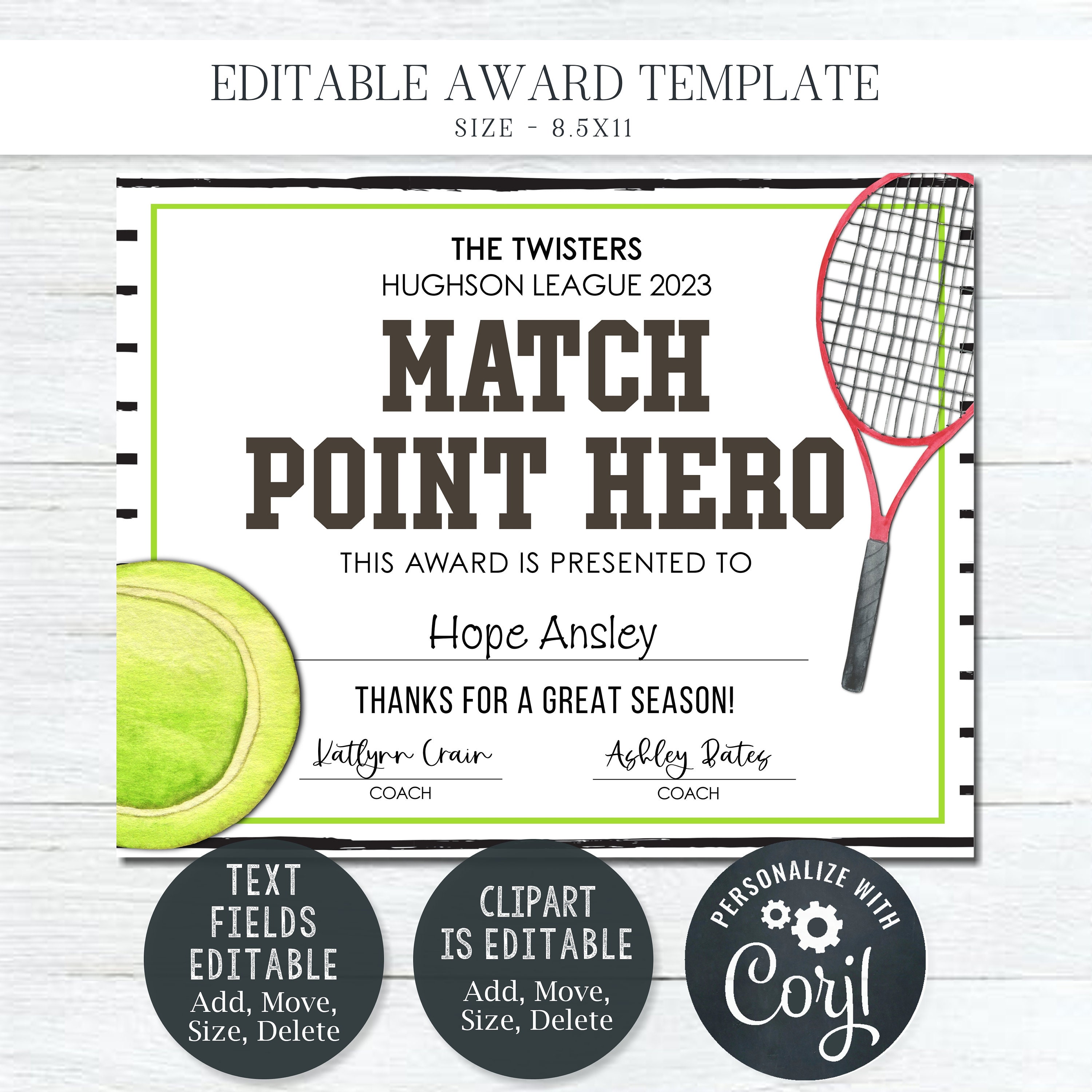 Editable Tennis Award Certificates: End of Season Team Awards (DIY W ...