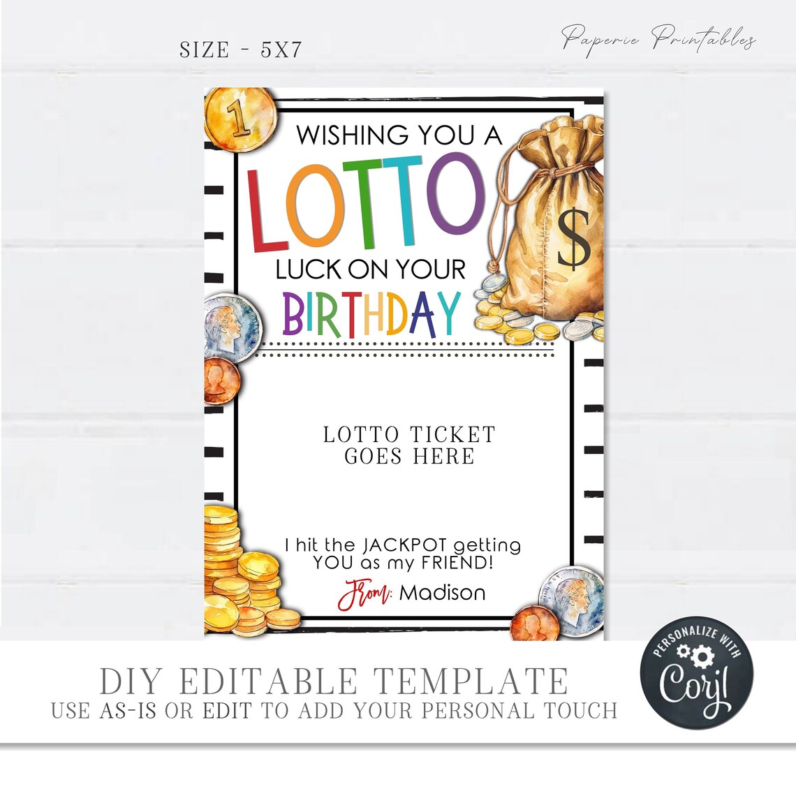 Editable Lotto Ticket Birthday Gift Holder: DIY Printable (5x7) #BC06 ...