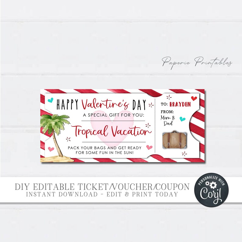 EDITABLE Tropical Vacation Gift Voucher, Valentine Gift Coupon ...