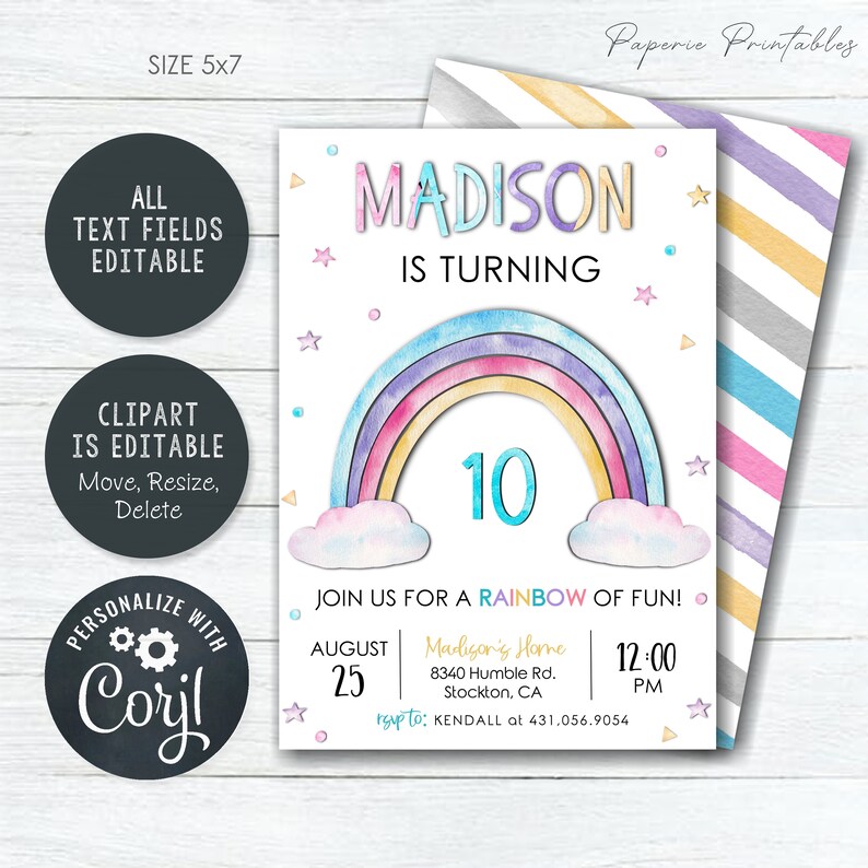 EDITABLE Rainbow Birthday Invitation Pastel Rainbow - Etsy
