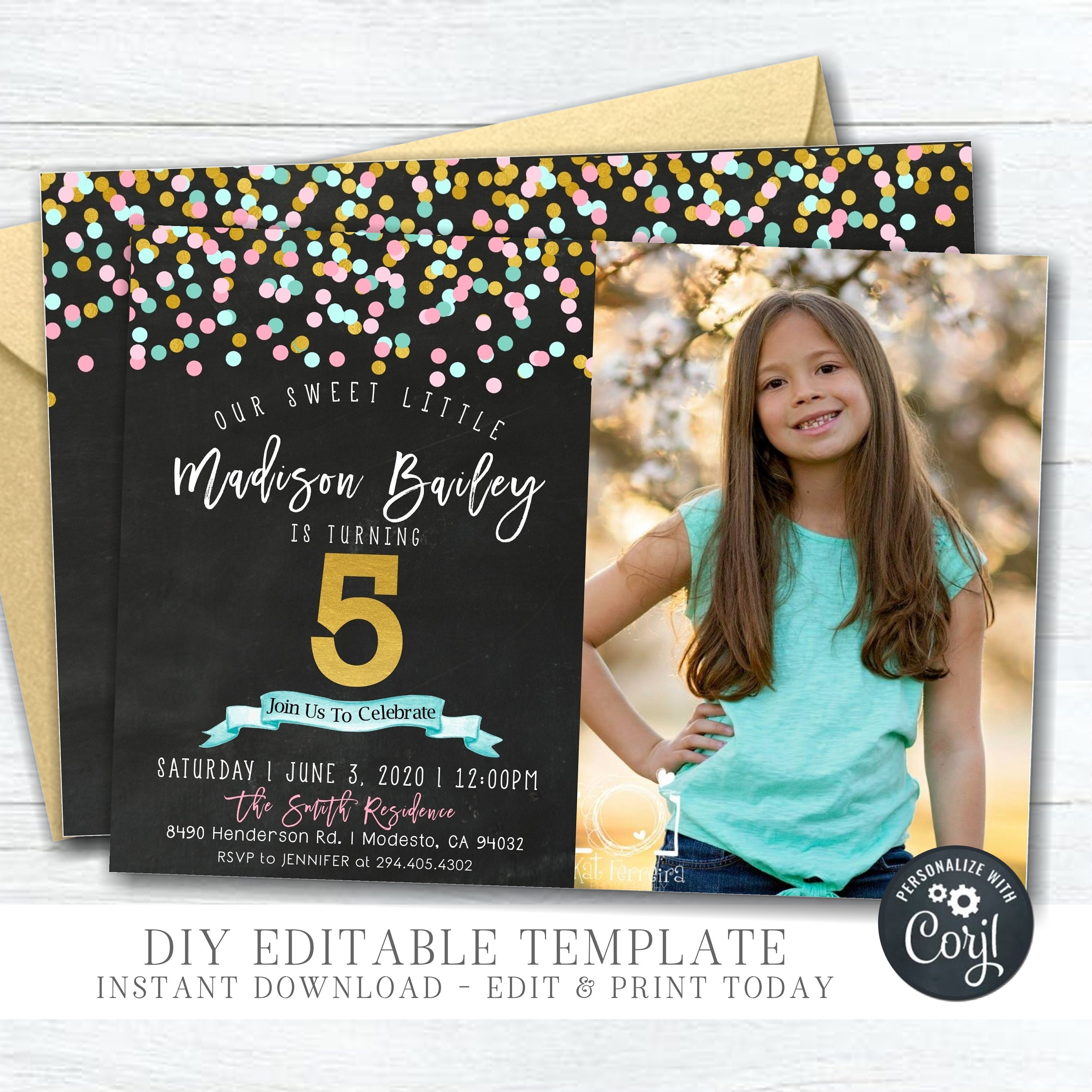 EDITABLE Girl Birthday Party Invitation Template Confetti - Etsy
