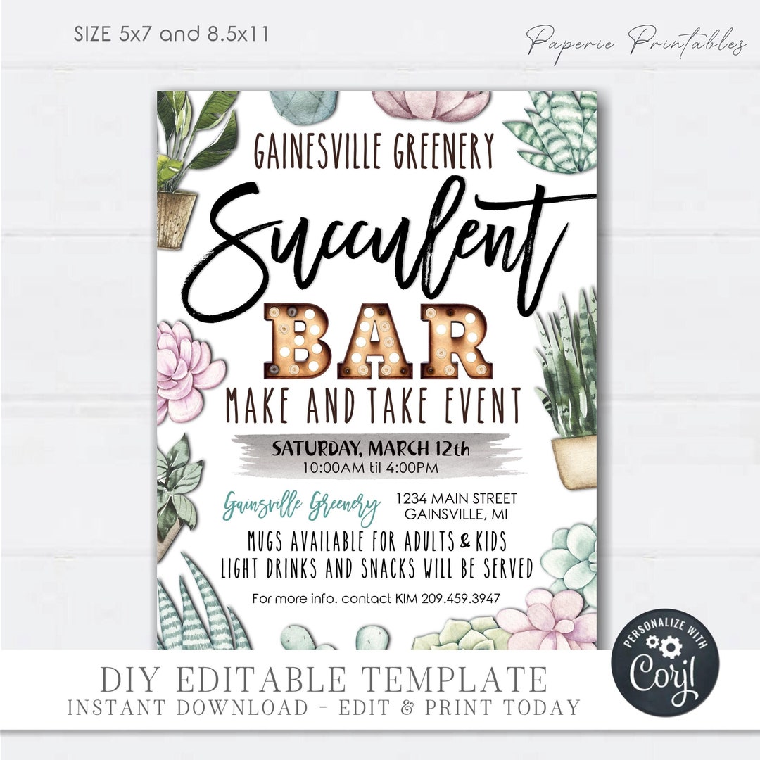 Succulent Bar Event Flyer Template: DIY Editable Design (5x7 & 8.5x11 ...