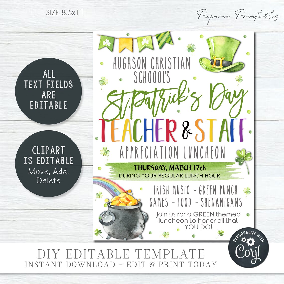 EDITABLE St. Patrick's Day Teacher Appreciation Flyer St. - Etsy