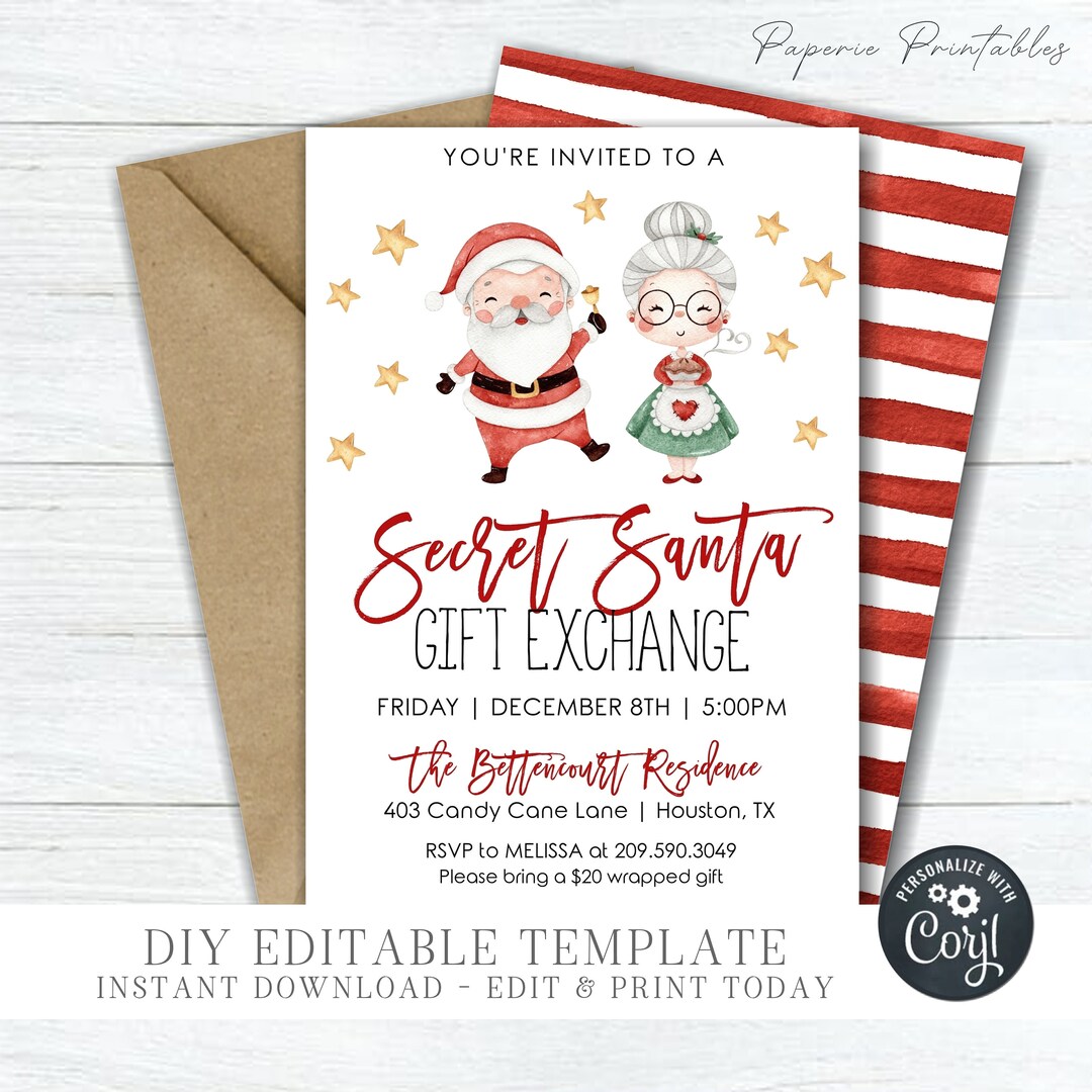 Editable Secret Santa Invitation: Christmas Party Gift Exchange ...