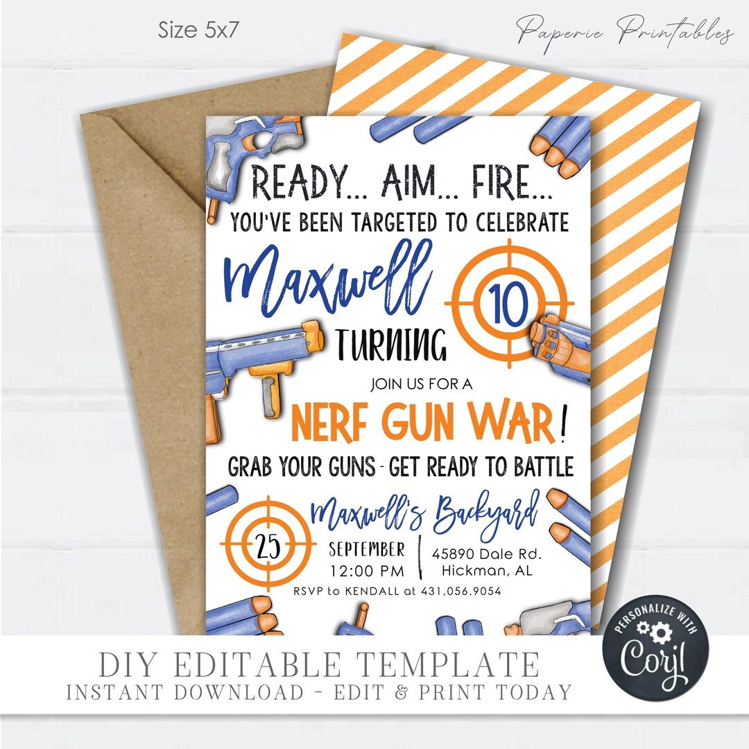 Editable Dart Gun Birthday Invitation: Dart Gun Party Invitation, Foam ...