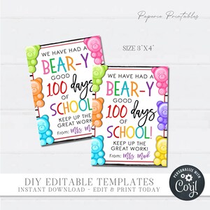 EDITABLE 100 Days of Schoo Gift Tag, Gummy Bear 100 Days of School Gift ...