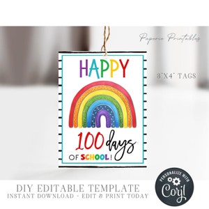 EDITABLE Happy 100th Day of School Tags, 100 Days of School Gift Tag ...
