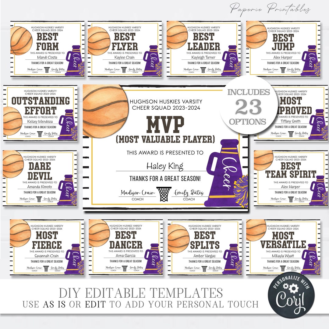 Editable Cheerleading Award Certificate: Purple & Yellow (DIY Corjl ...