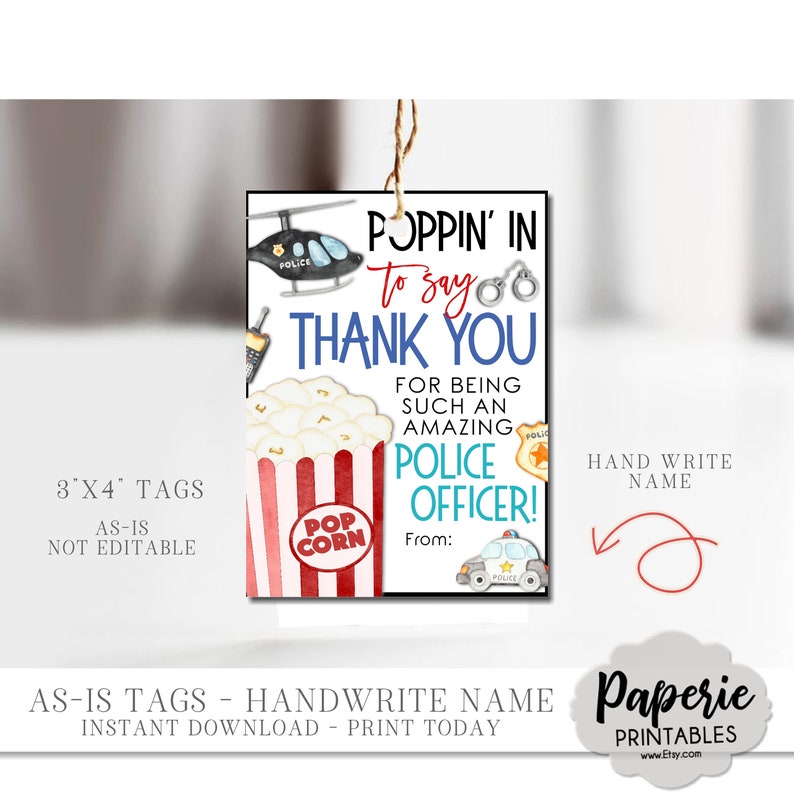 Editable Popcorn Police Appreciation Gift Tags (DIY Corjl, Digital ...