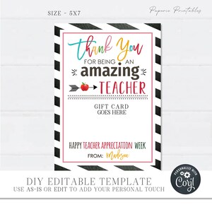 EDITABLE Teacher Appreciation Gift Card Holder, Thanks for Being an ...