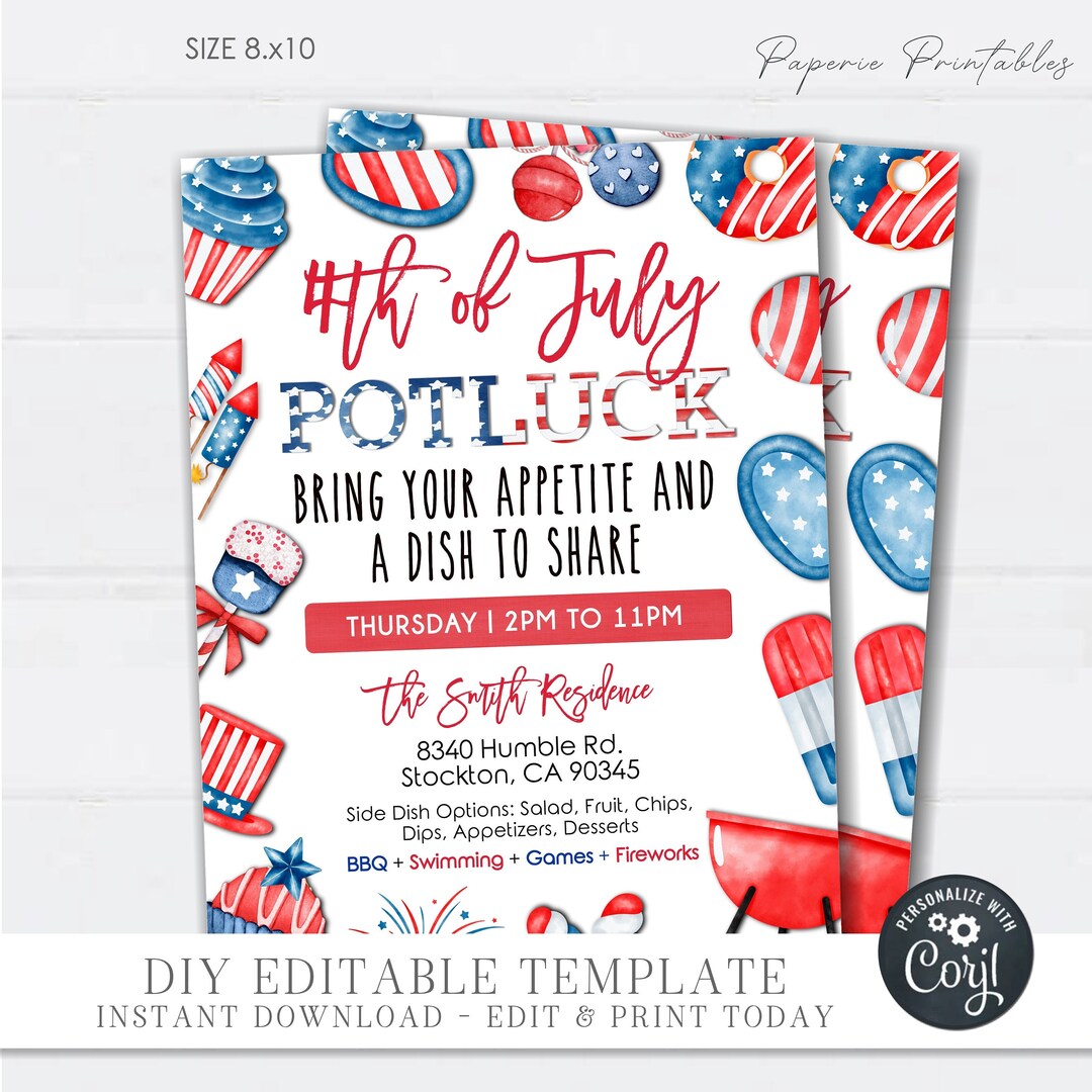 Editable 4th of July Potluck Invitation: Patriotic Party Flyer (DIY ...
