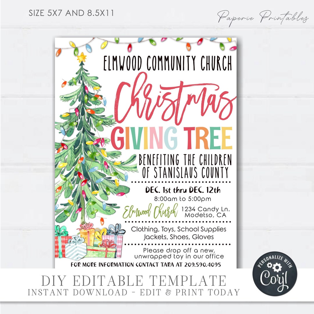 Editable Christmas Giving Tree Flyer: Church Fundraiser (DIY Corjl ...