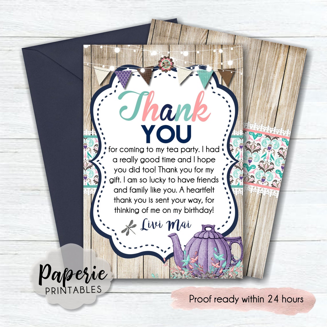 Tea Party Thank You Card Tea Party Birthday Thank You Card - Etsy