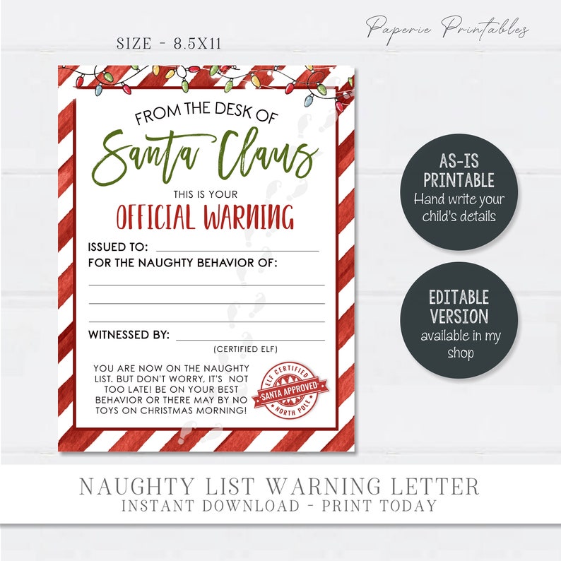 EDITABLE Santa's Naughty List Notification Letter - Naughty List ...