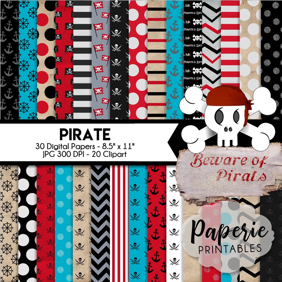 Pirate Digital Paper - 8.5x11 Digital Scrapbooking Paper - 30 Papers ...