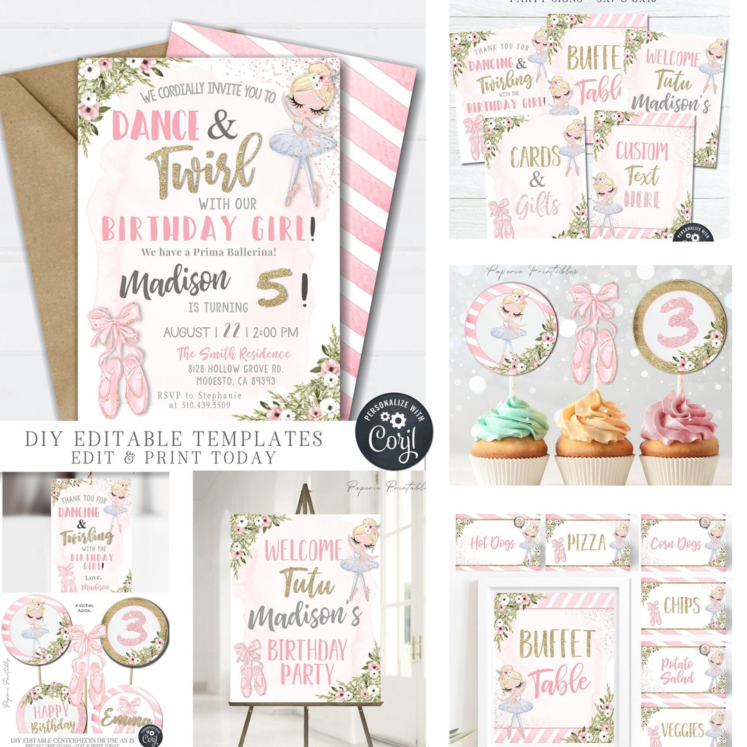 EDITABLE Ballerina Birthday Bundle, Ballerina Party Decoration ...
