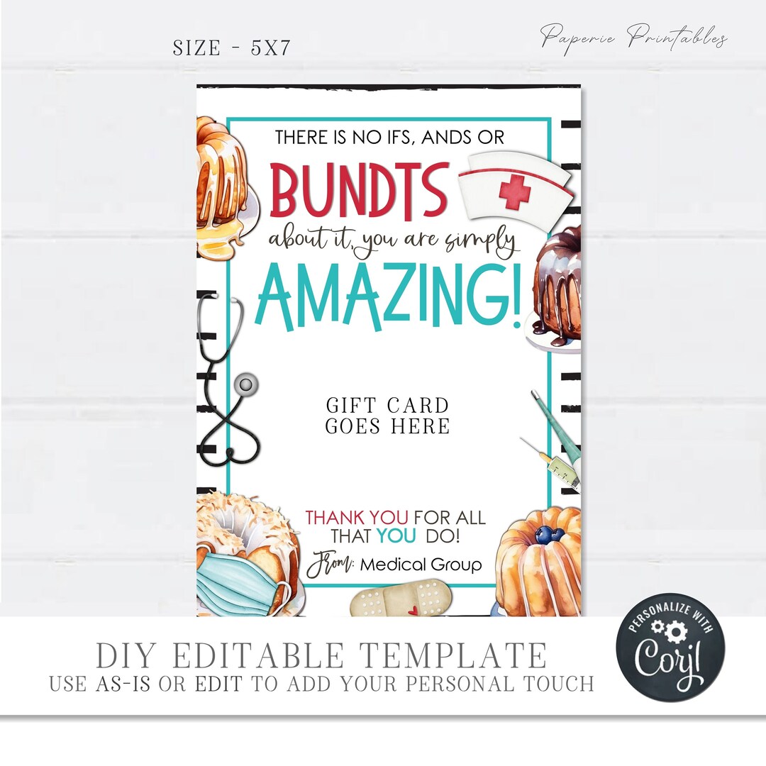 Editable Nurse Appreciation Gift Card Holder: Bundts Theme (DIY Corjl ...
