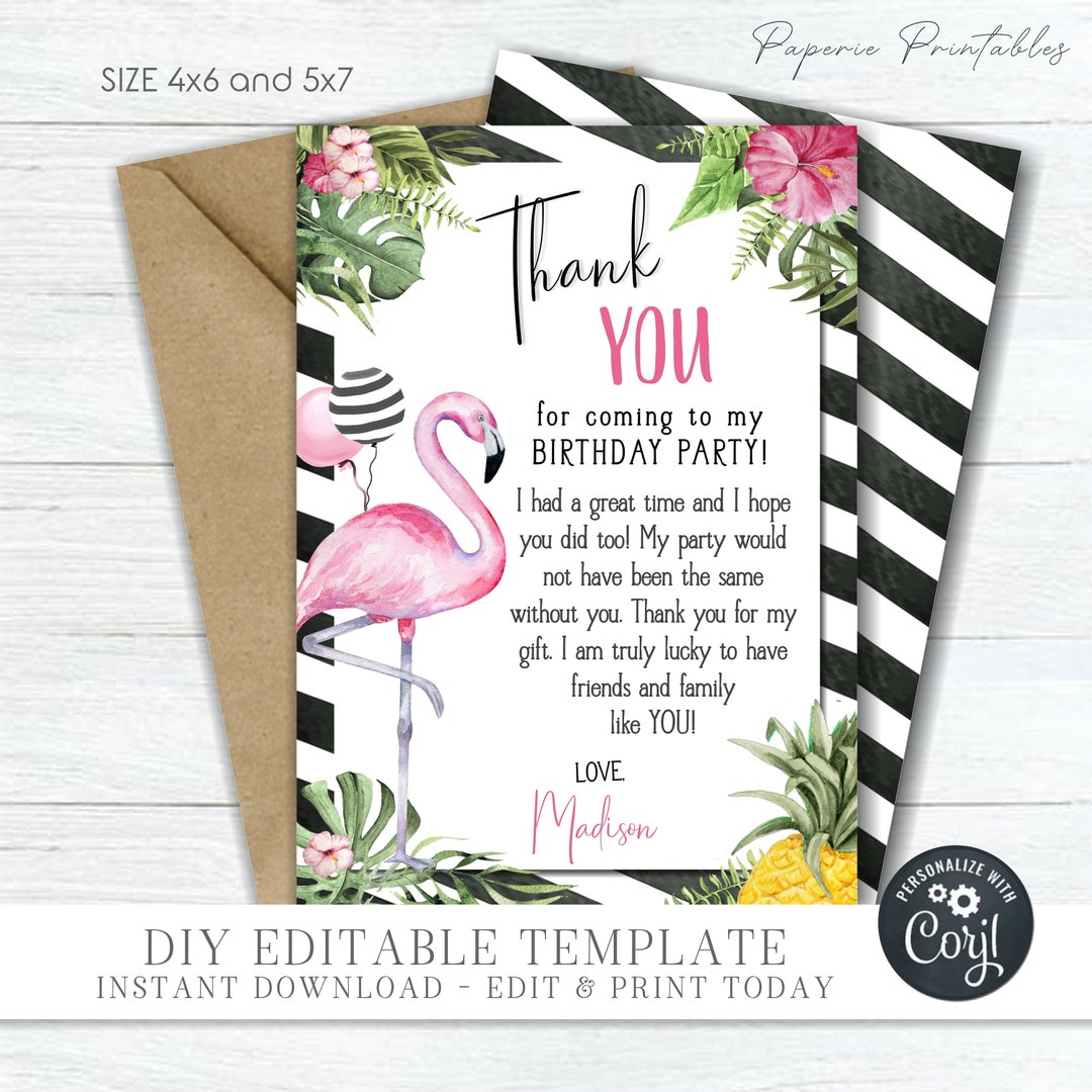 EDITABLE Flamingo Birthday Thank You Card, Let's Flamingle Thank You ...