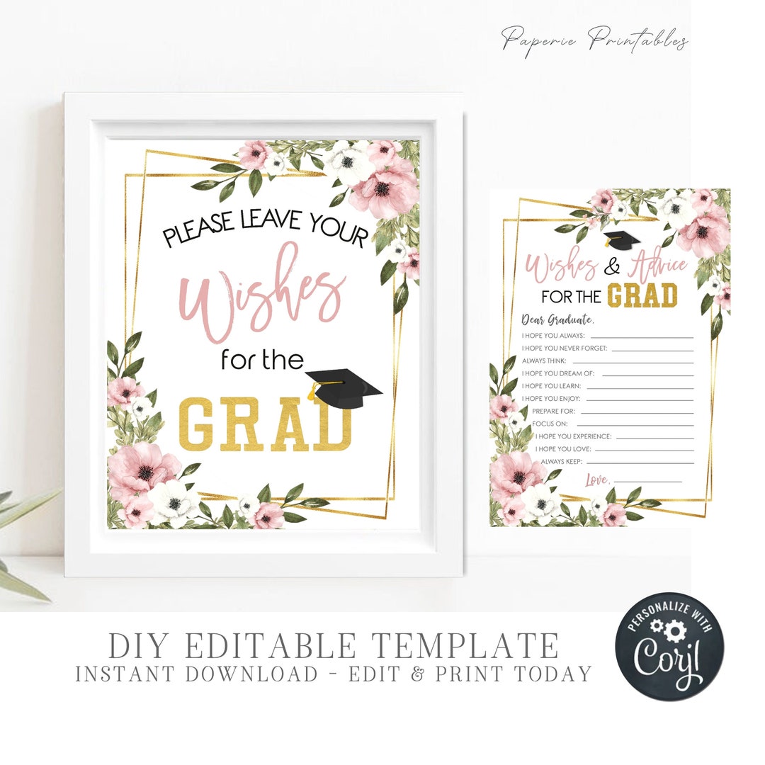 Editable Graduation Advice Cards: Floral Wishes Sign (digital Download ...