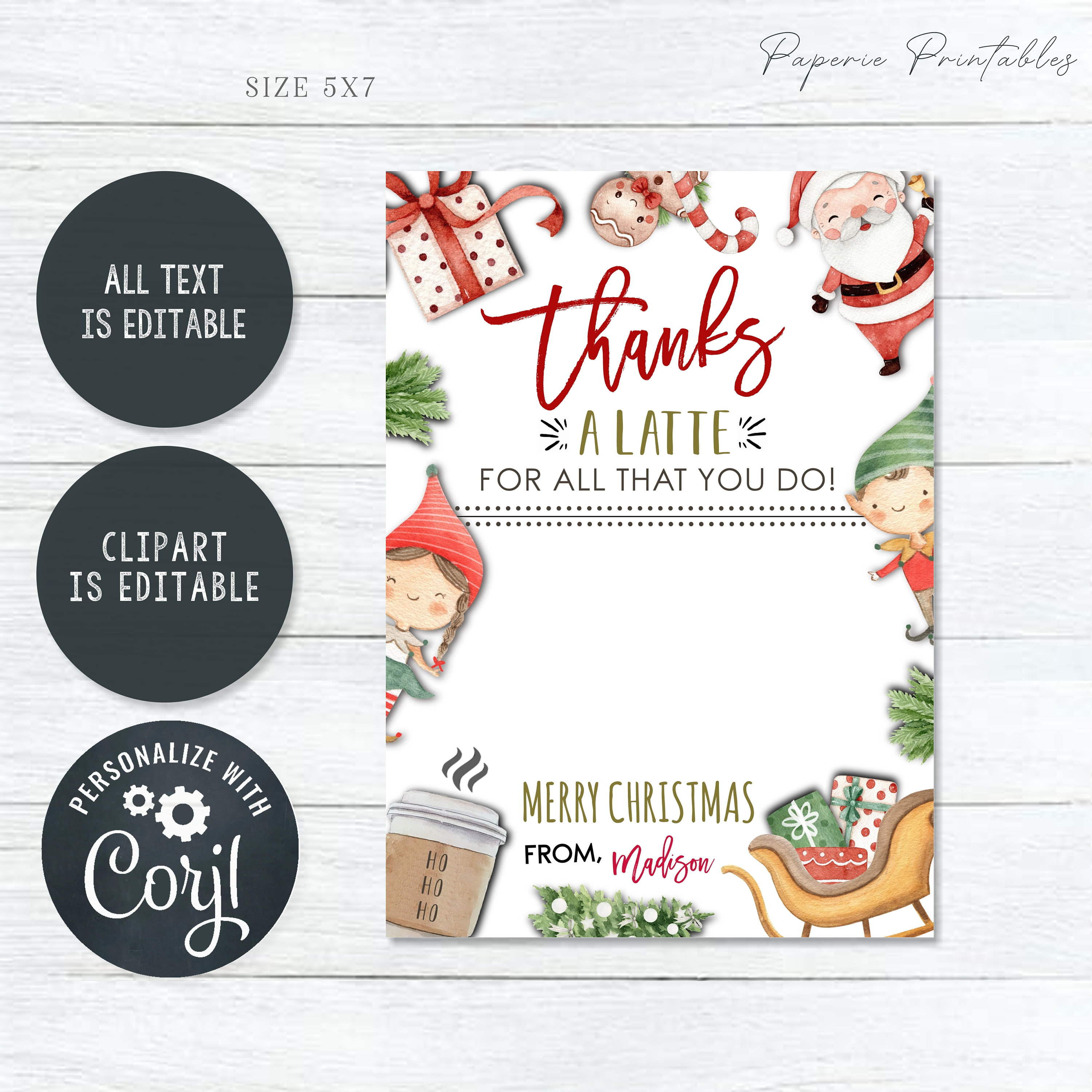 EDITABLE Christmas Gift Card Holder, Christmas Thanks a LATTE Gift Card ...