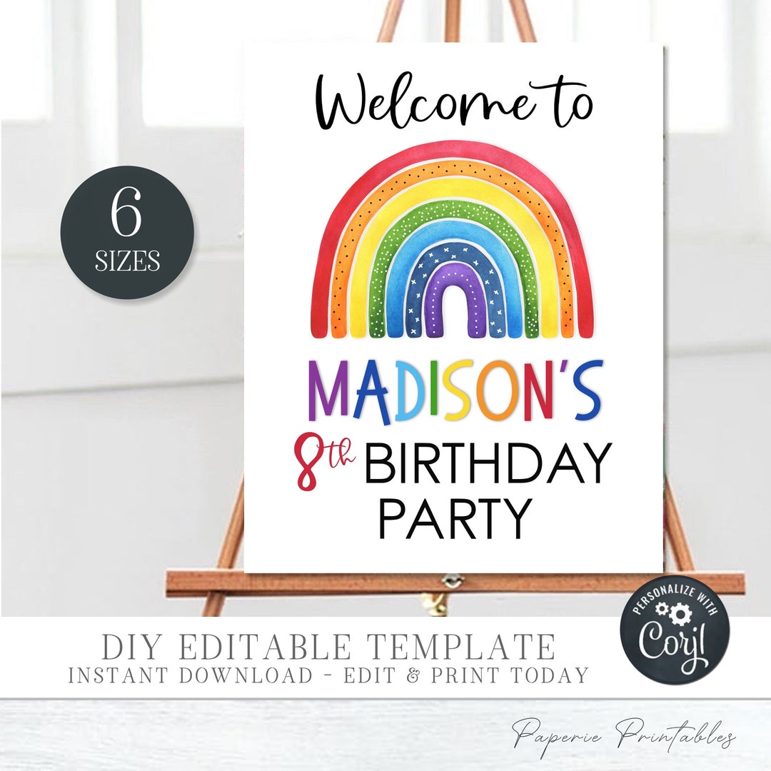 Editable Rainbow Birthday Welcome Sign, Rainbow Party Decoration ...