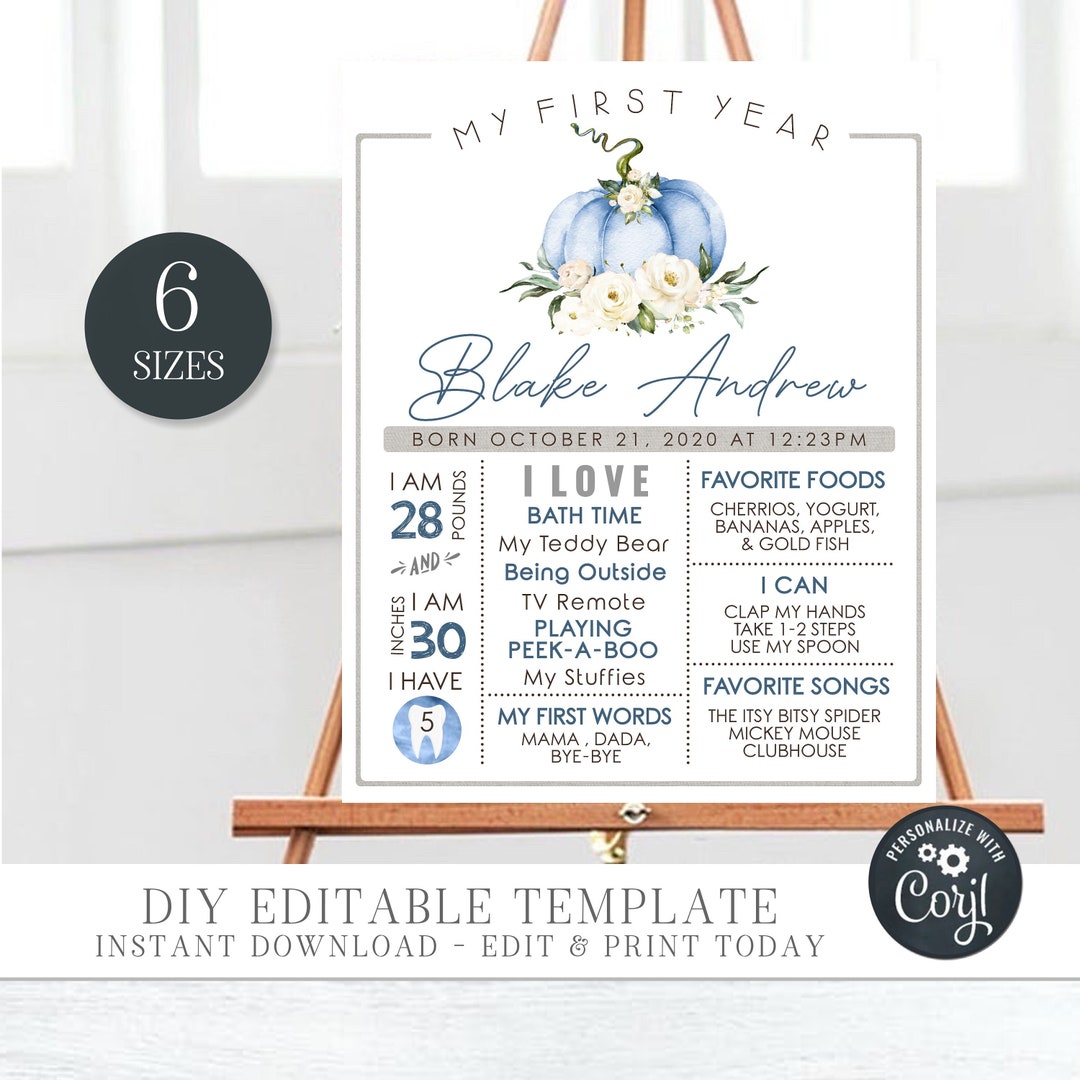 Editable Pumpkin Milestone Poster: Fall Birthday Stats Board (DIY ...