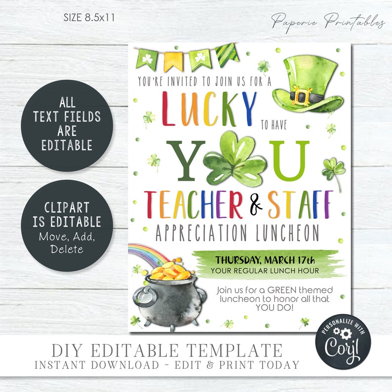 Editable St. Patrick's Day Teacher Appreciation Luncheon Flyer (DIY W ...