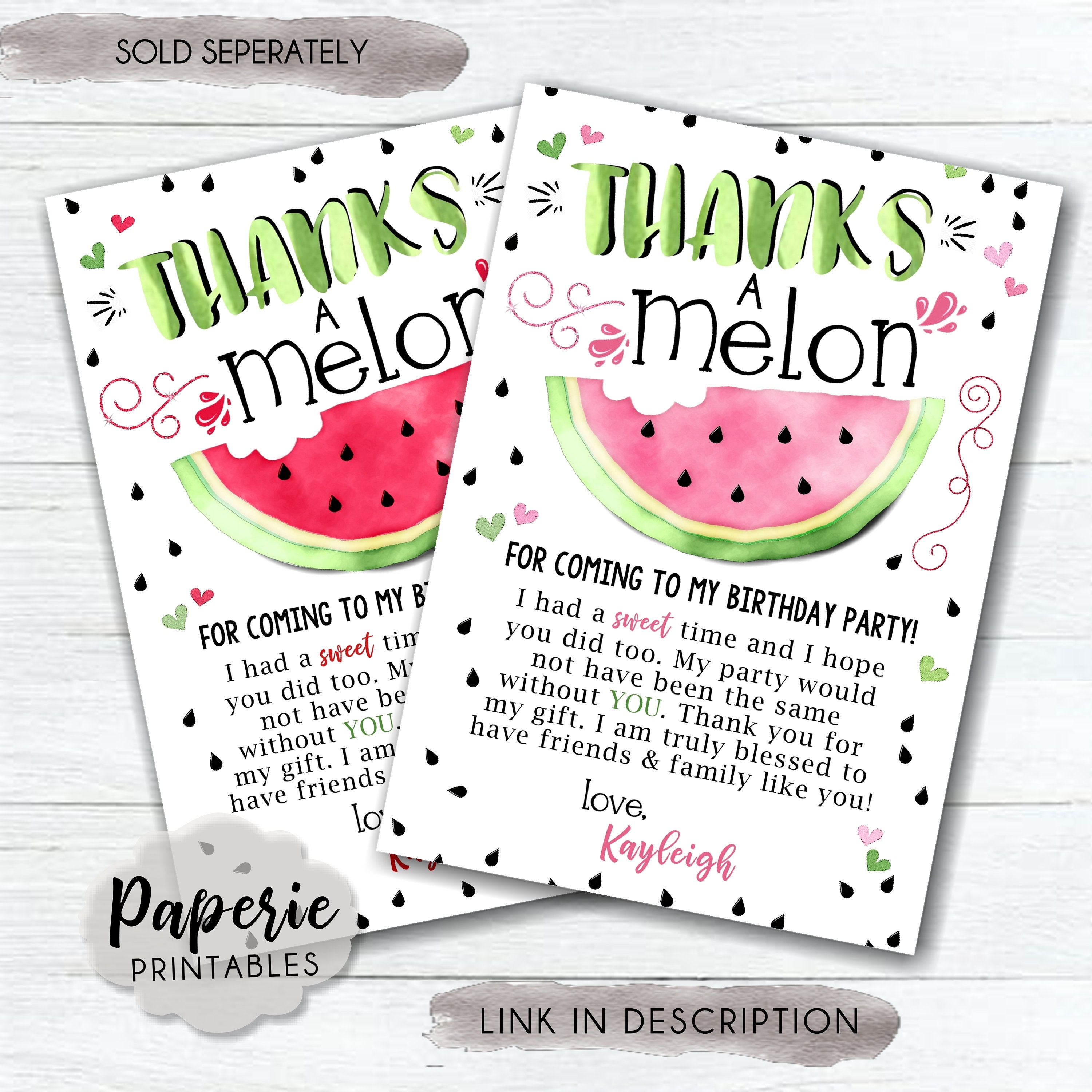 Watermelon Theme Birthday Thank You Card One in a Melon - Etsy