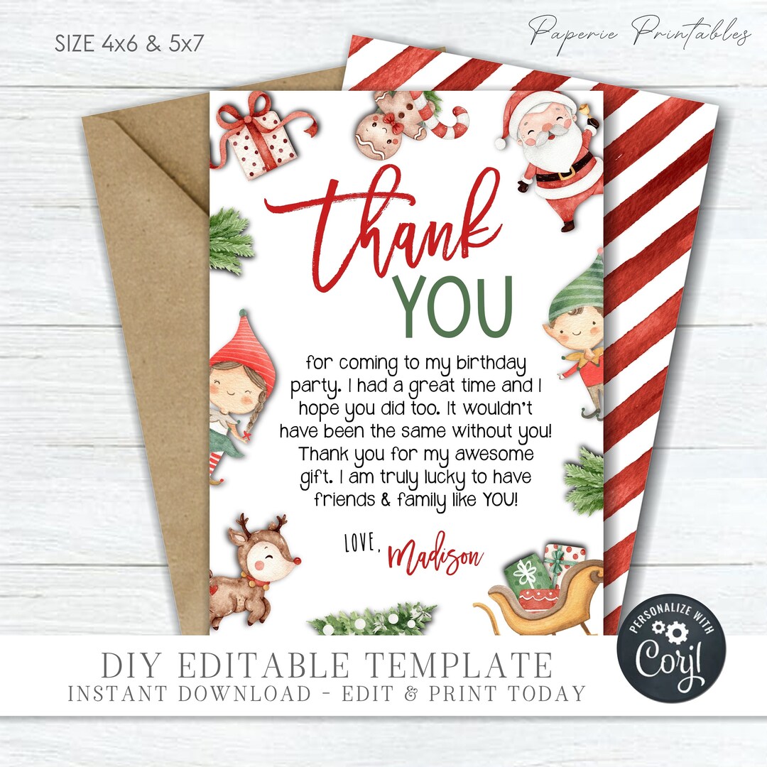 EDITABLE Christmas Birthday Party Thank You Card Christmas Birthday ...