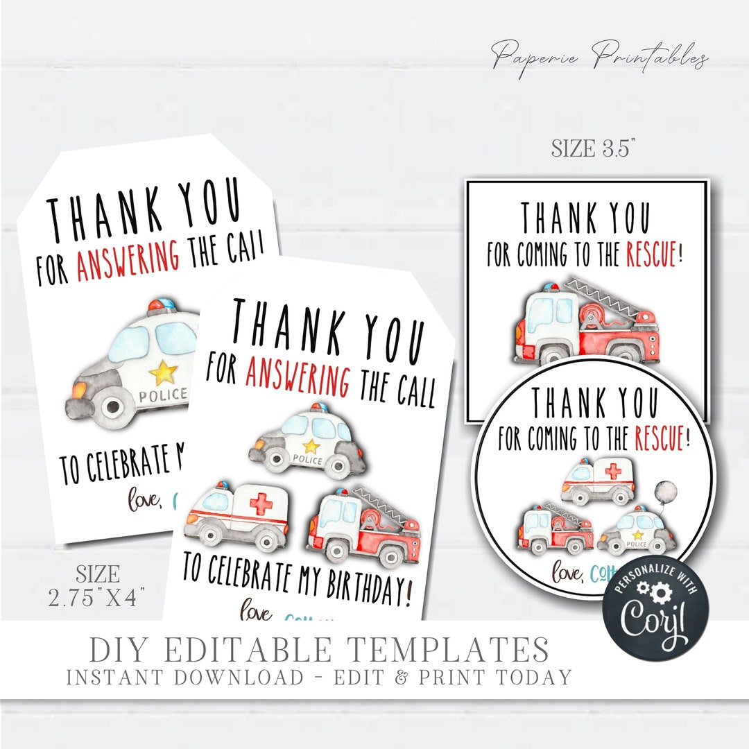 Editable First Responders Birthday Favor Tags (digital Download) #BP125 ...