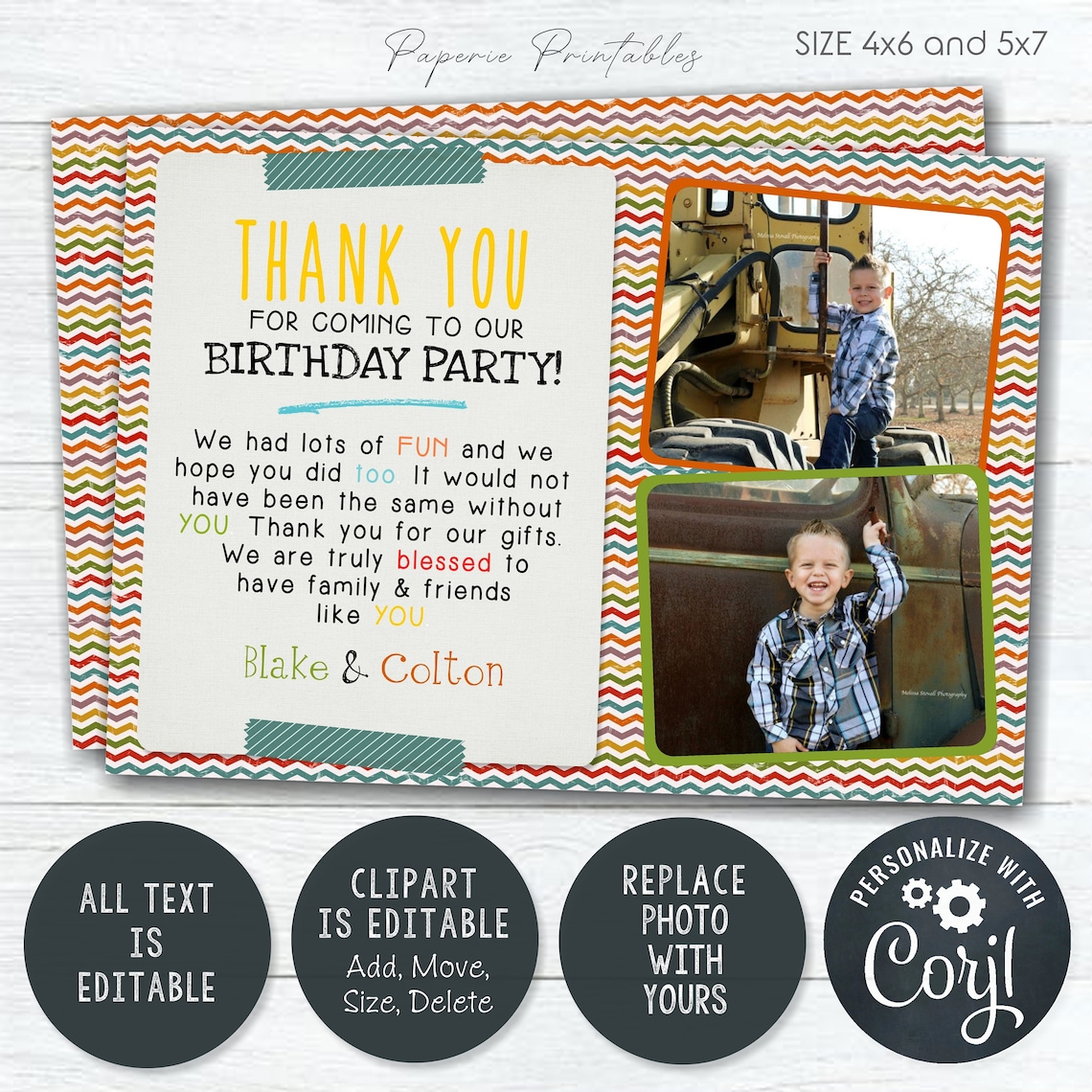EDITABLE Kids Birthday Thank You Card Colorful Thank You - Etsy