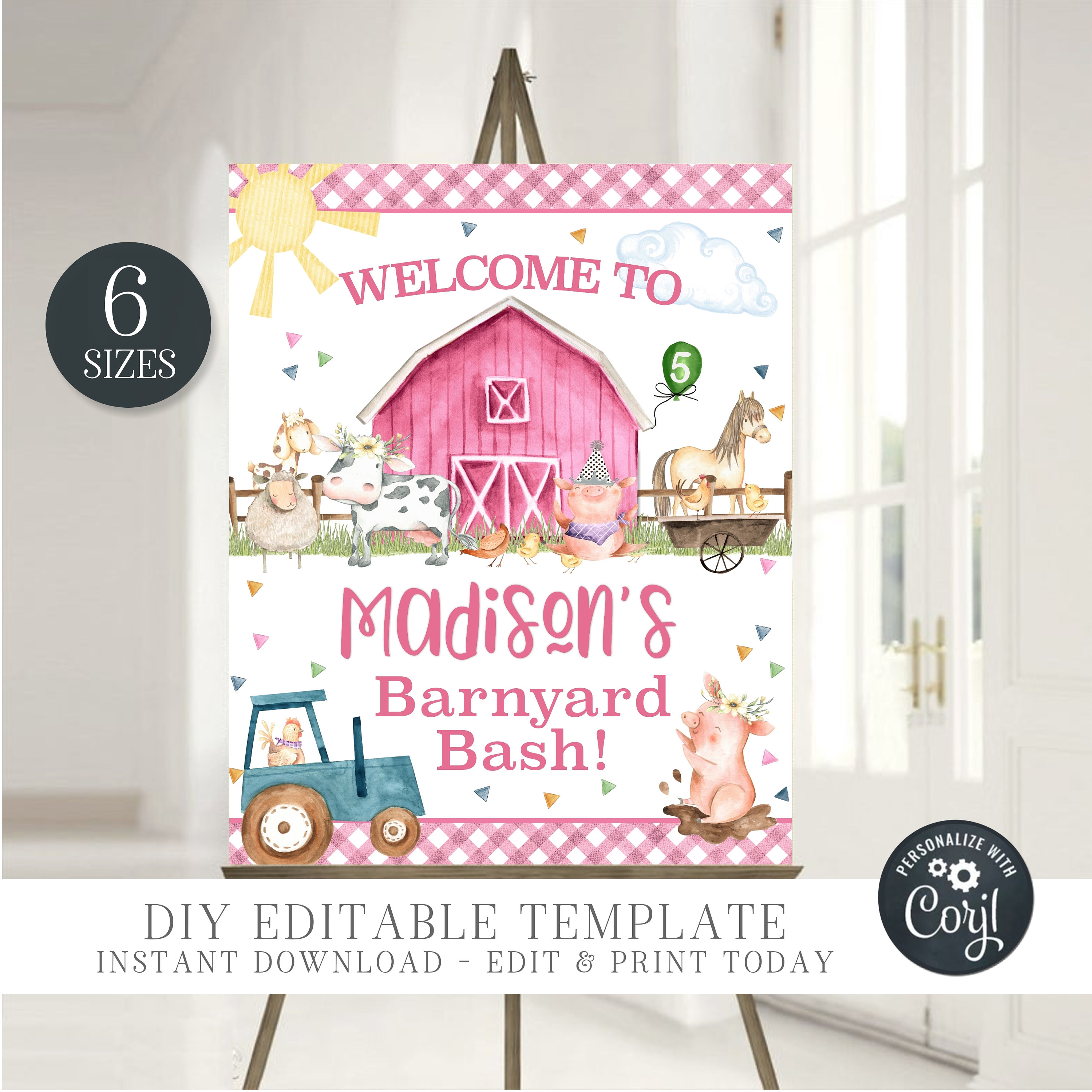 Editable Farm Birthday Welcome Sign: Girl Barnyard Party (DIY Corjl) # ...