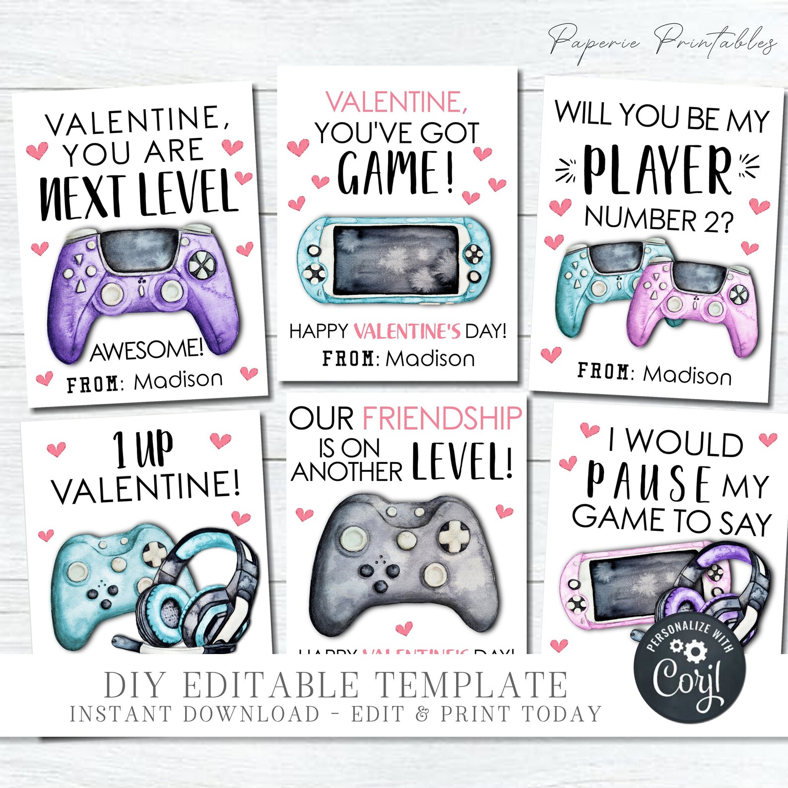 Editable Girl Gamer Valentine Cards: Printable School Tags (DIY Corjl ...