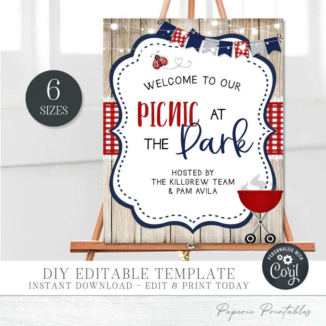 EDITABLE Picnic at the Park Welcome Sign, BBQ Party Decorations ...