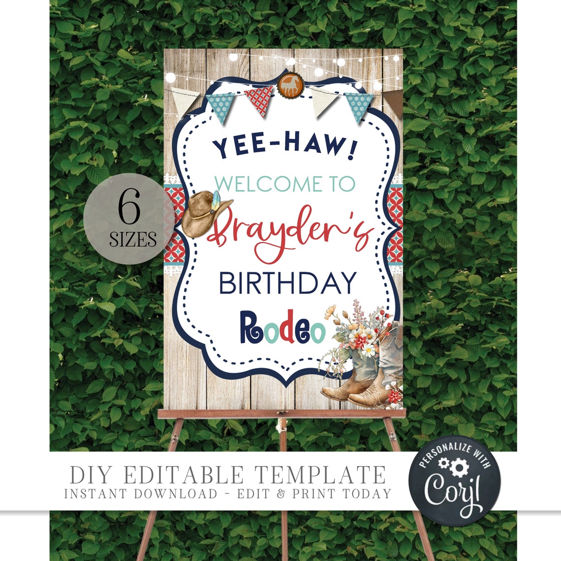 Editable Cowboy Birthday Welcome Sign: Western Rodeo Party (DIY Corjl ...