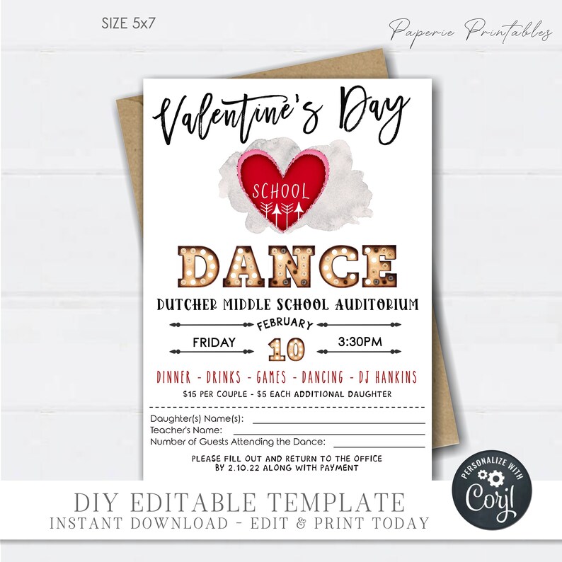 Editable Valentine's Day School Dance Flyer Invitation (DIY Corjl) - Etsy