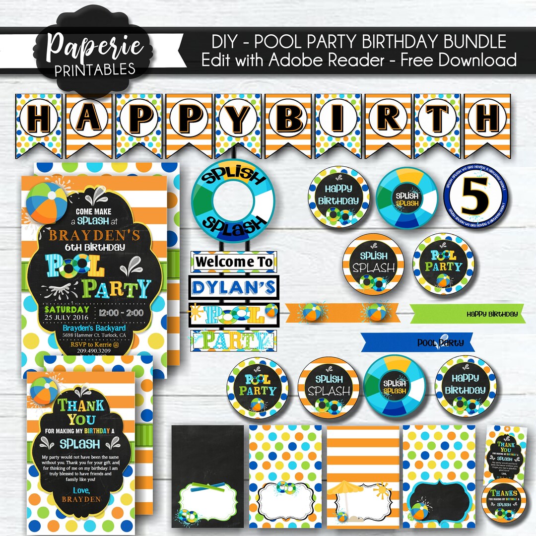 Pool Party Birthday Party BUNDLE Boy Pool Party Birthday Template DIY ...