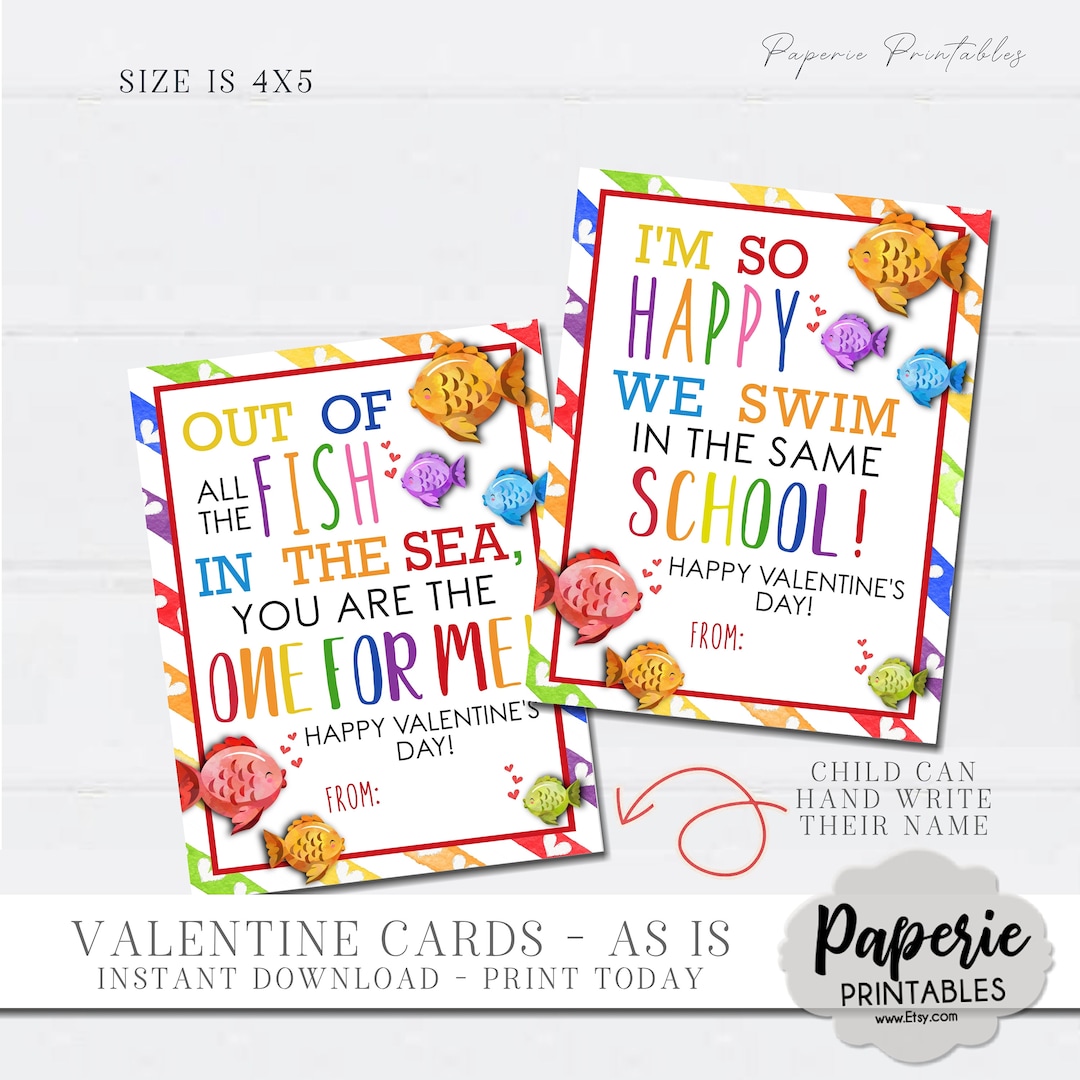 Fish Valentine's Day Printable Tags, Kids Valentine Cards, Valentine ...