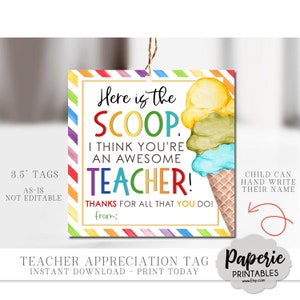 EDITABLE Teacher Appreciation Gift Tag, Here's the Scoop Teacher ...